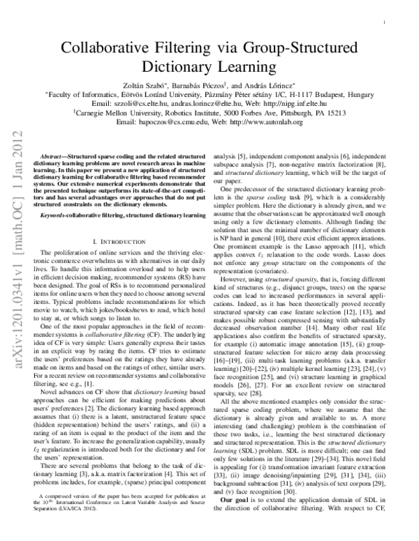 (PDF) Collaborative Filtering via Group-Structured Dictionary Learning