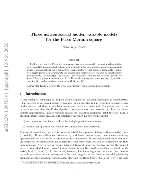 (PDF) Three noncontextual hidden variable models for the Peres-Mermin square
