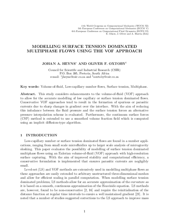 (PDF) Modelling Surface Tension Dominated Multiphase Flows Using the Vof Approach