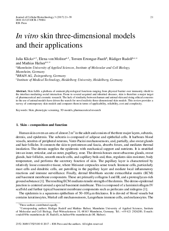 (PDF) In vitro skin three-dimensional models and their applications