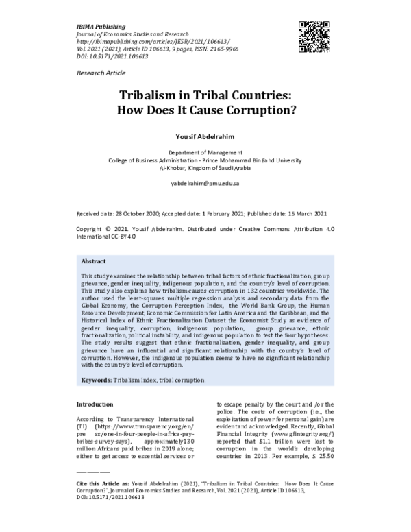 (PDF) Tribalism in Tribal Countries: How Does It Cause Corruption?