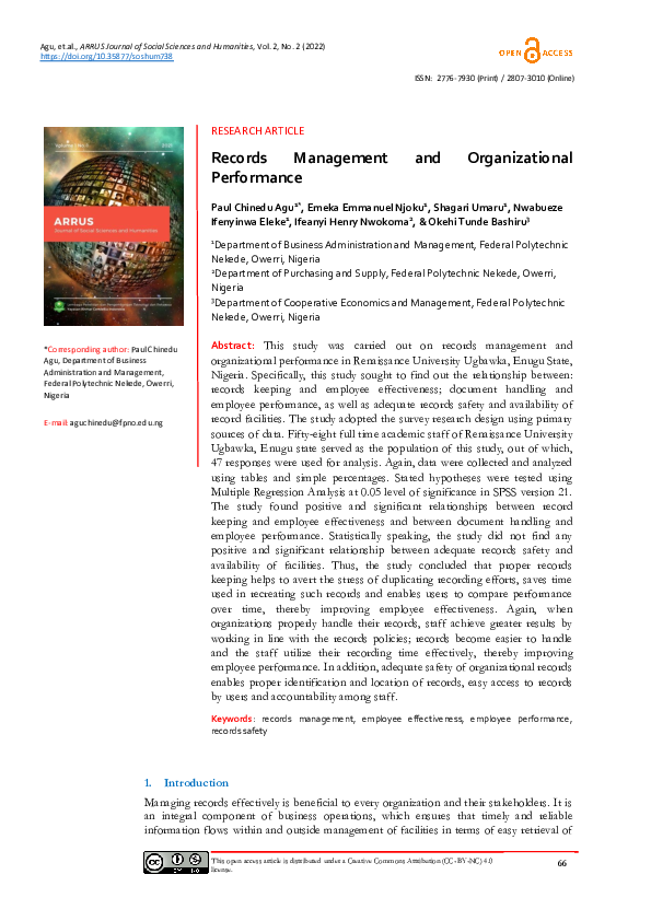 (PDF) Records Management and Organizational Performance | Agu Paul ...