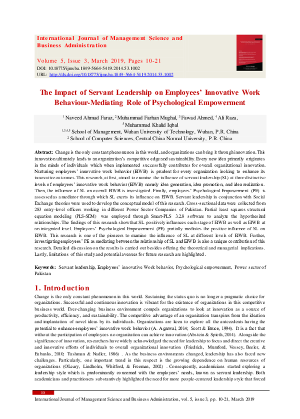 (PDF) The Impact of Servant Leadership on Employees’ Innovative Work Behaviour-Mediating Role of ...