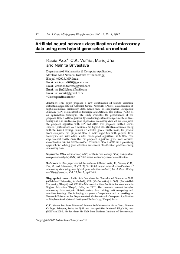 Pdf Artificial Neural Network Classification Of Microarray Data Using New Hybrid Gene