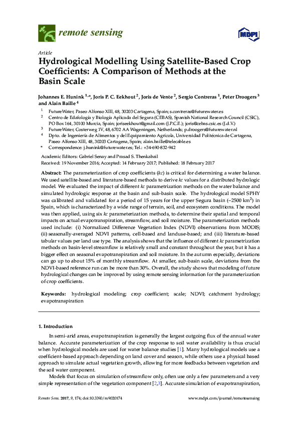 Pdf Hydrological Modelling Using Satellite Based Crop Coefficients A Comparison Of Methods At