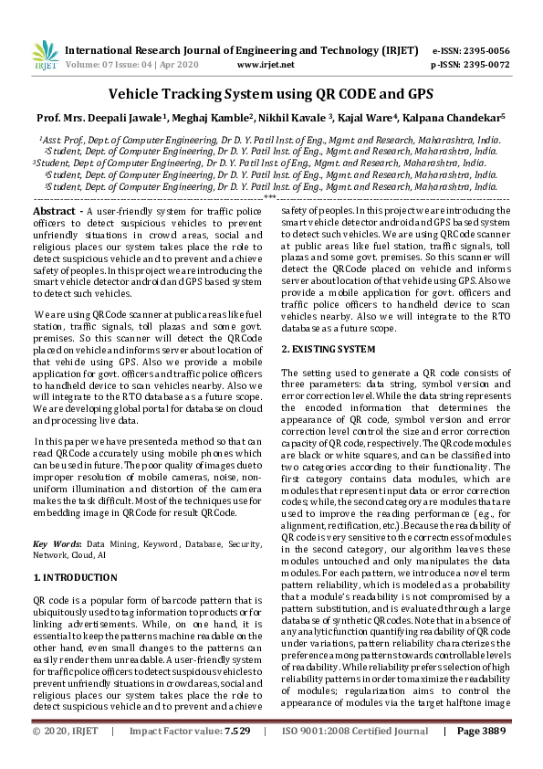 (PDF) Vehicle Tracking System using QR CODE and GPS