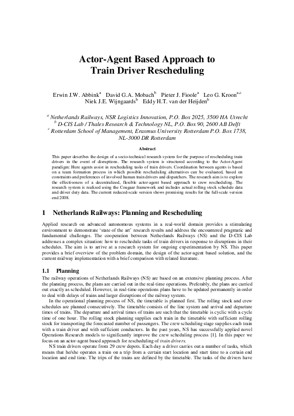 (PDF) Actor-Agent Based Approach to Train Driver Rescheduling