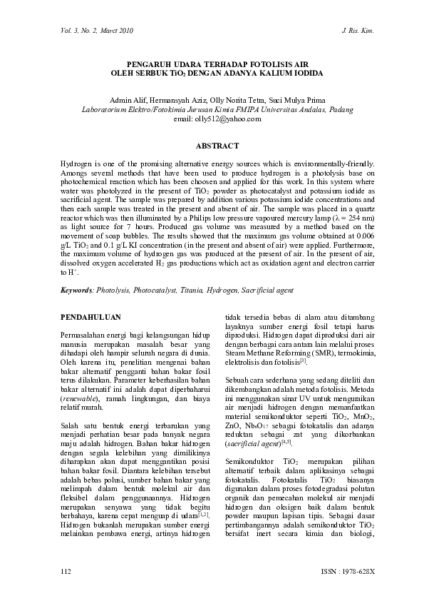 (PDF) PENGARUH UDARA TERHADAP FOTOLISIS AIR OLEH SERBUK TiO2 DENGAN ...
