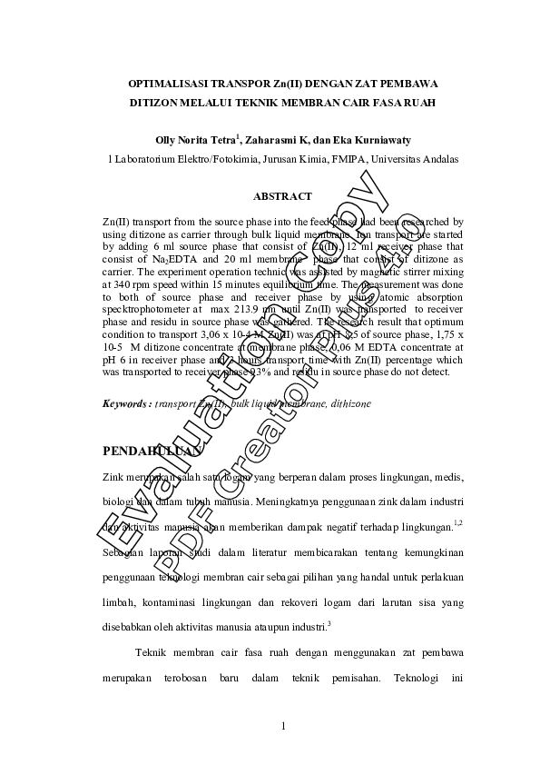 (PDF) OPTIMALISASI TRANSPOR Zn (II) DENGAN ZAT PEMBAWA DITIZON MELALUI ...