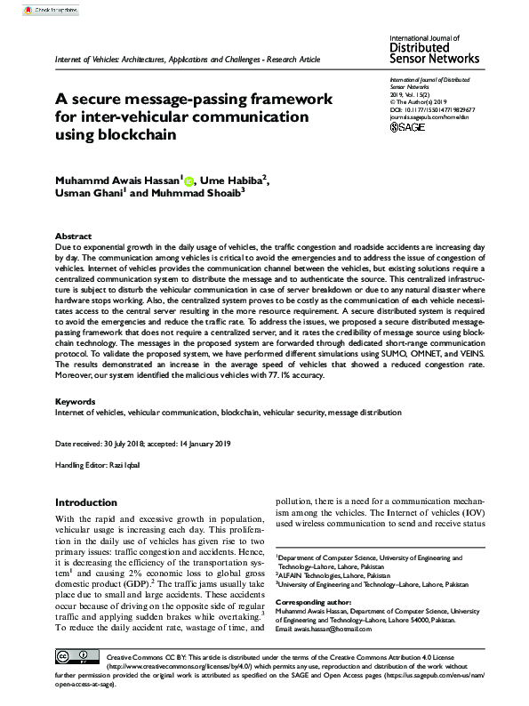 Pdf A Secure Message Passing Framework For Inter Vehicular Communication Using Blockchain