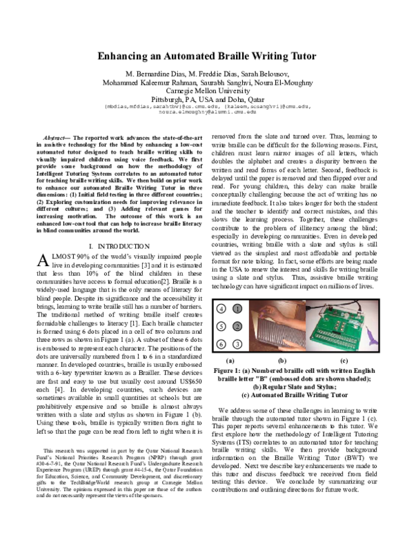 (PDF) Enhancing an automated Braille Writing Tutor