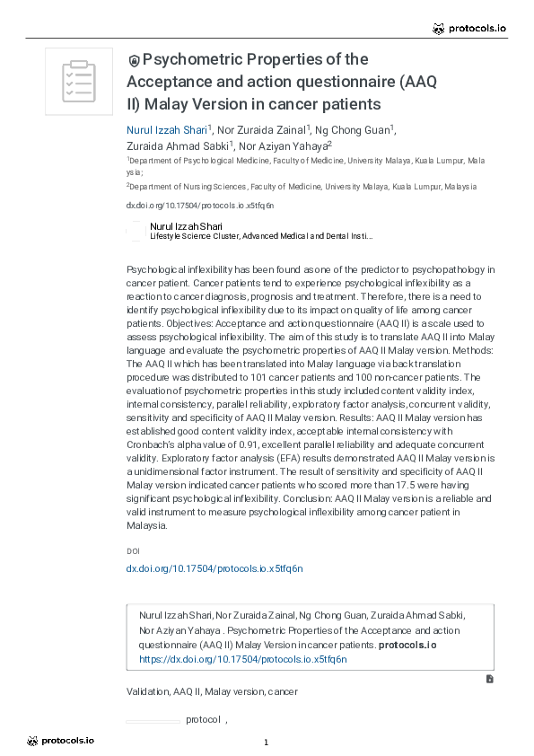 (PDF) Psychometric Properties of the Acceptance and action ...