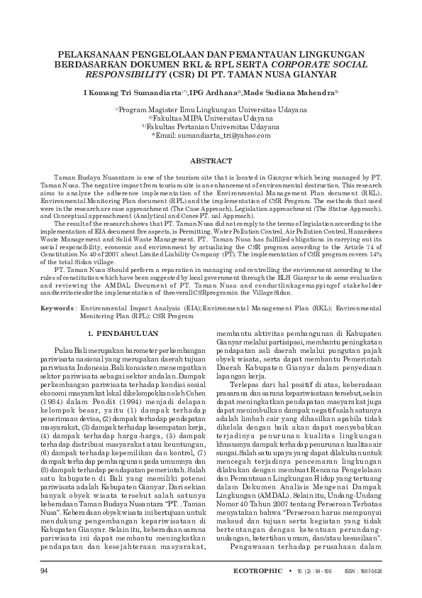 (PDF) Pelaksanaan Pengelolaan Dan Pemantauan Lingkungan Berdasarkan ...