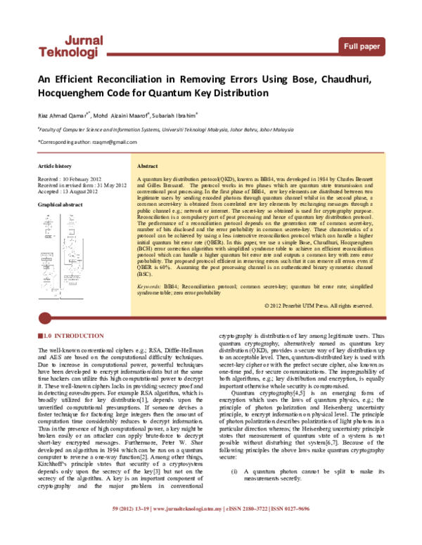 (PDF) An Efficient Reconciliation in Removing Errors Using Bose, Chaudhuri, Hocquenghem Code for ...