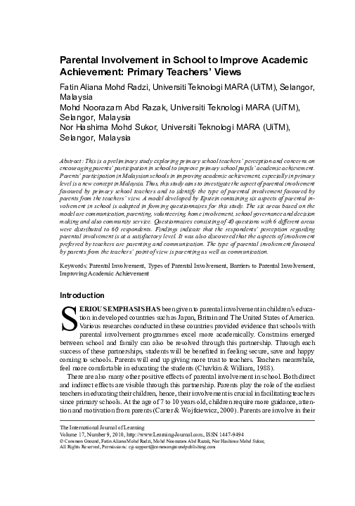 (PDF) Parental Involvement in School to Improve Academic Achievement: Primary Teachers’ Views