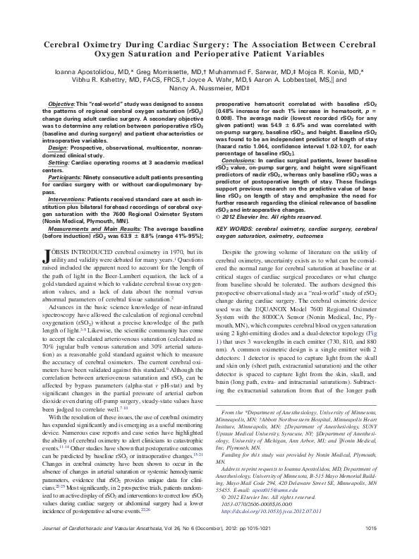 (PDF) Cerebral Oximetry During Cardiac Surgery: The Association Between ...