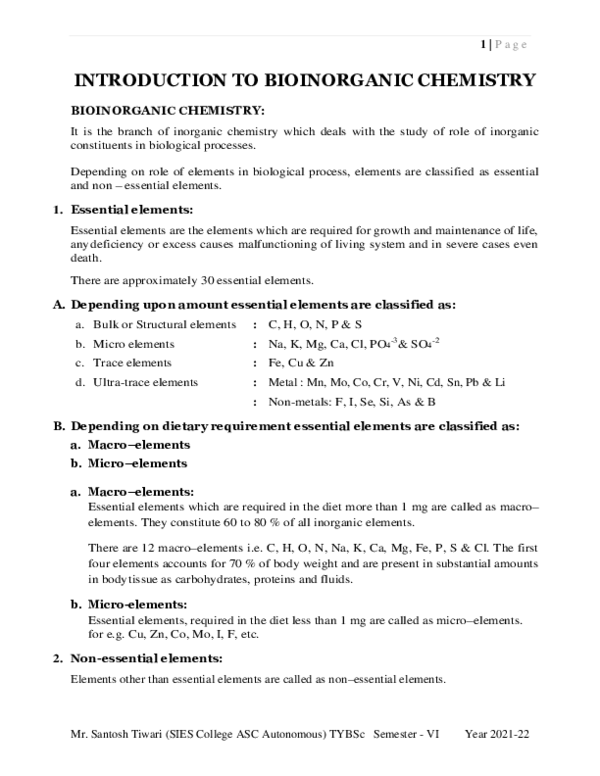 (PDF) Introduction to Bioinorganic Chemistry 2021 22 converted