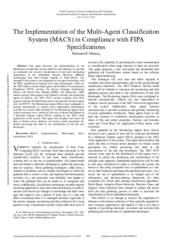 (PDF) The Implementation Of The Multi-Agent Classification System (Macs) In Compliance With Fipa ...