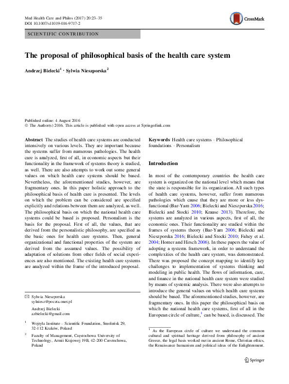 (PDF) The proposal of philosophical basis of the health care system