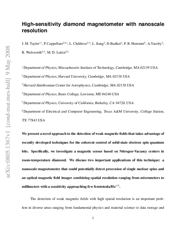 (PDF) High-sensitivity diamond magnetometer with nanoscale resolution