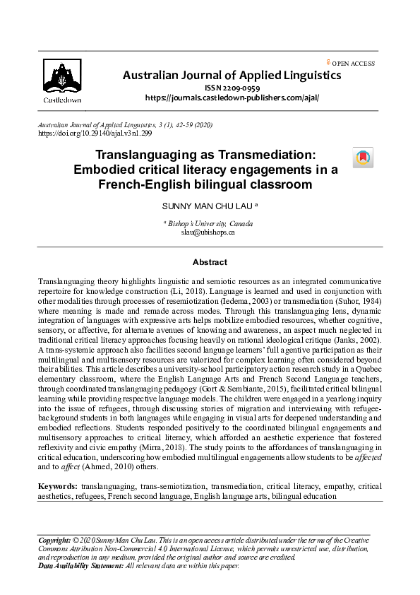 (PDF) Translanguaging as transmediation: Embodied critical literacy ...