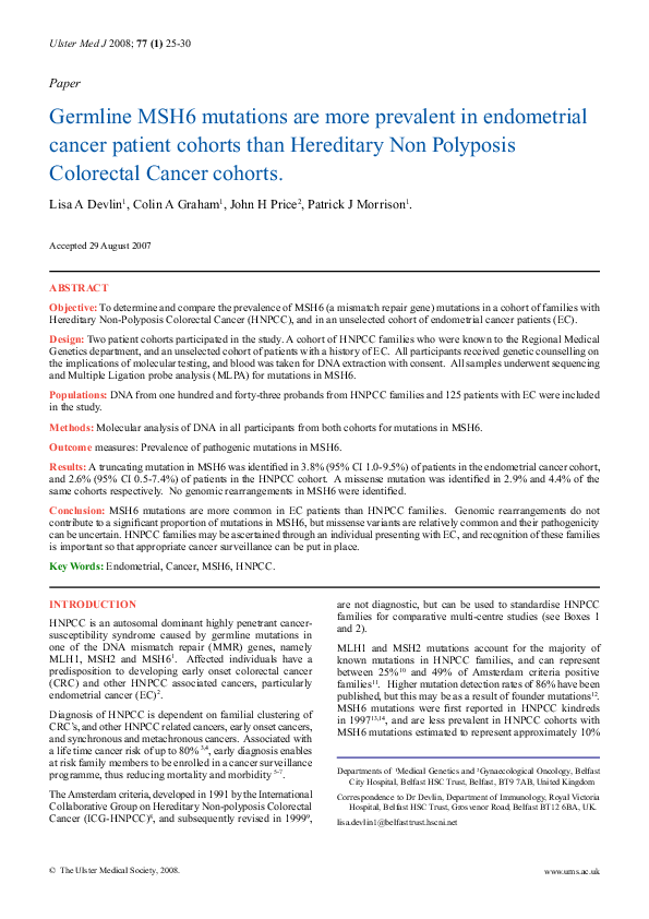 (PDF) Germline MSH6 mutations are more prevalent in endometrial cancer ...
