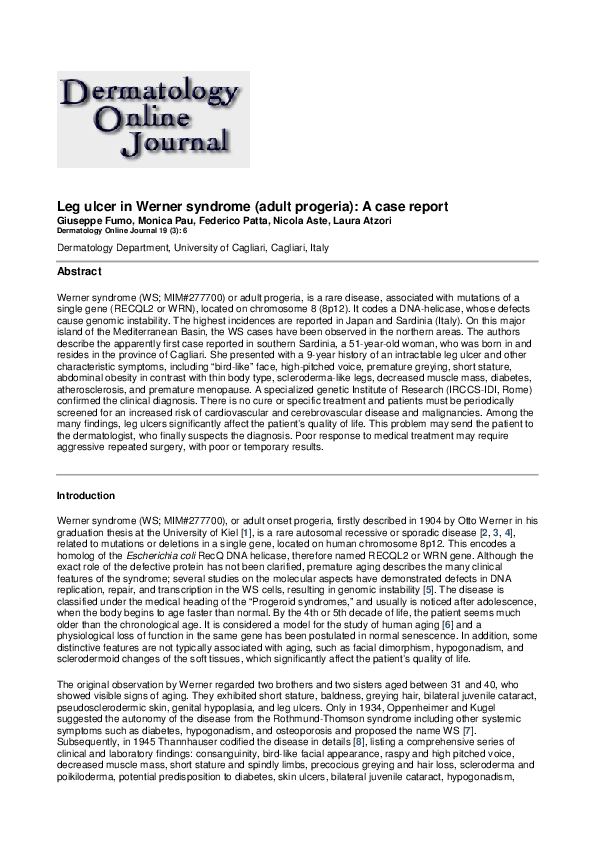 (PDF) Leg ulcer in Werner syndrome (adult progeria): A case report
