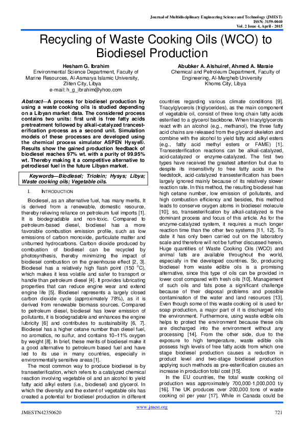 (PDF) Recycling of Waste Cooking Oils ( WCO ) to Biodiesel Production