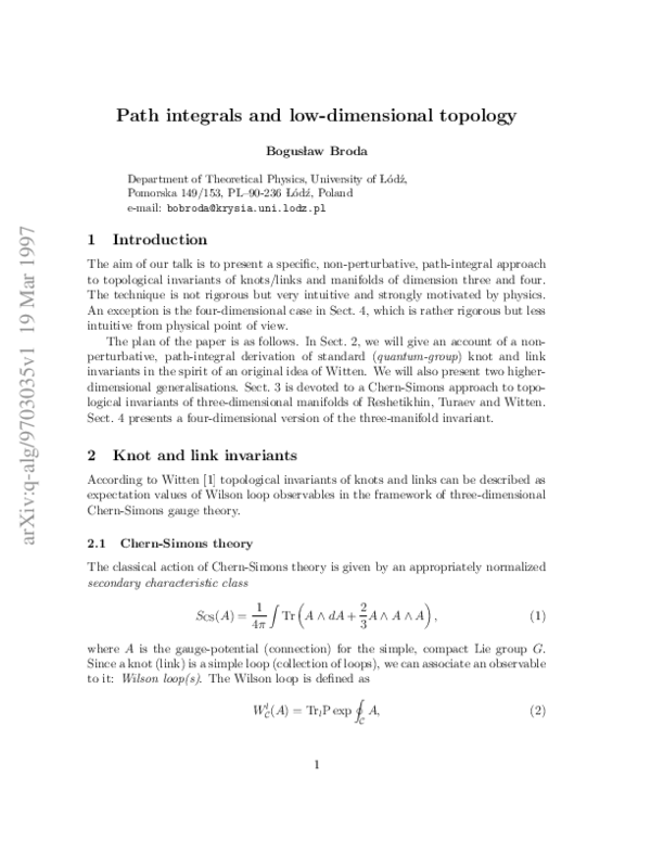 (PDF) Path integrals and low-dimensional topology