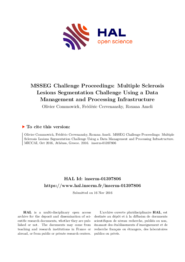 (PDF) MSSEG Challenge Proceedings: Multiple Sclerosis Lesions Segmentation Challenge Using a ...
