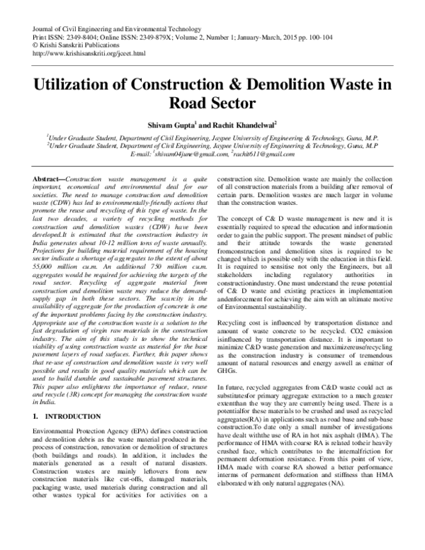 (PDF) Utilization of Construction & Demolition Waste in Road Sector
