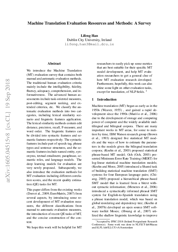 Pdf Machine Translation Evaluation Resources And Methods A Survey