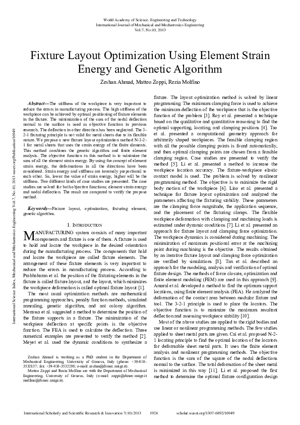 Pdf Fixture Layout Optimization Using Element Strain Energy And Genetic Algorithm Rezia