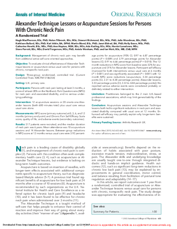 (PDF) Alexander Technique Lessons or Acupuncture Sessions for Persons With Chronic Neck Pain: A ...