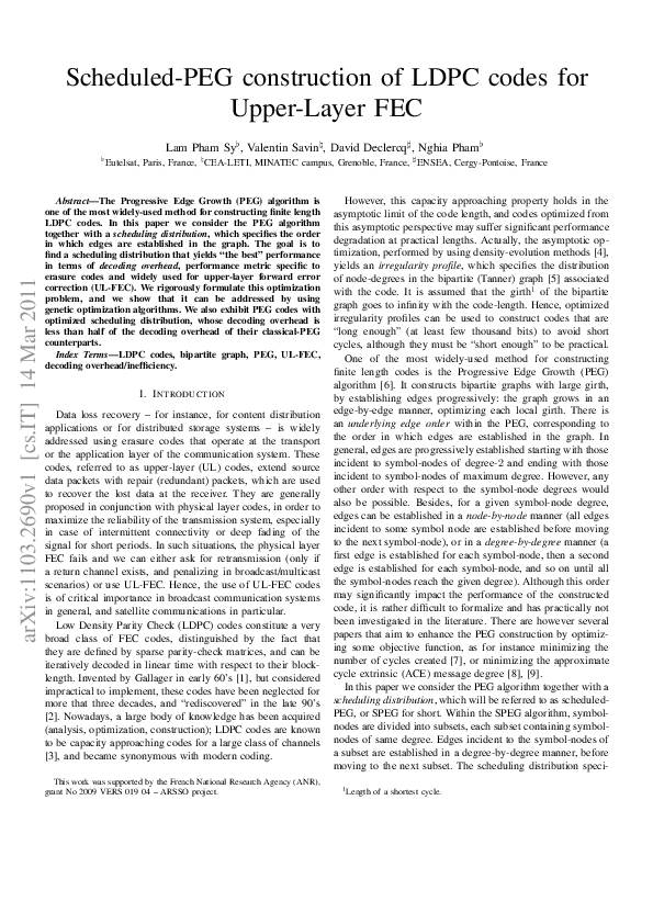 (PDF) Scheduled-PEG construction of LDPC codes for Upper-Layer FEC