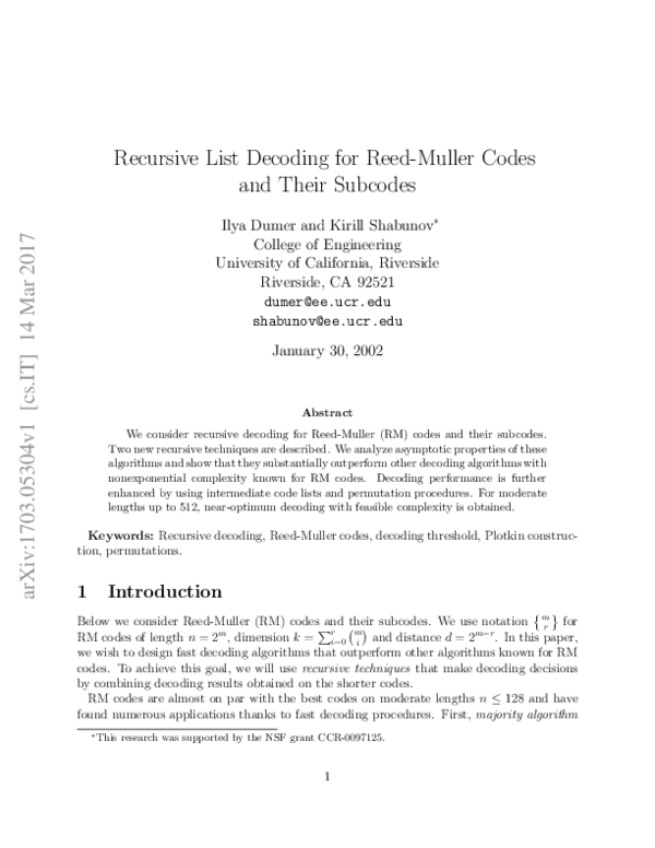 Pdf Recursive List Decoding For Reed Muller Codes