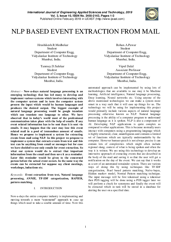 (PDF) NLP Based Event Extraction from Mail
