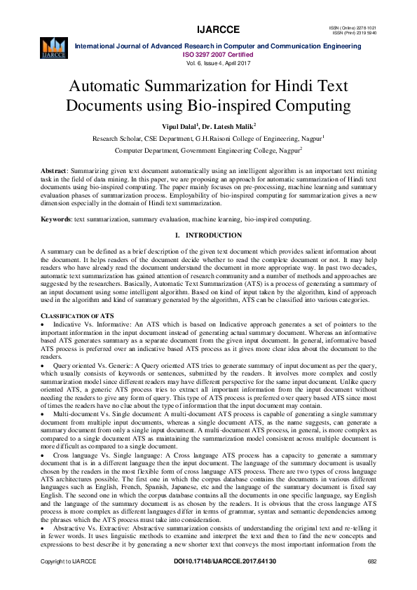 Pdf Automatic Summarization For Hindi Text Documents Using Bio