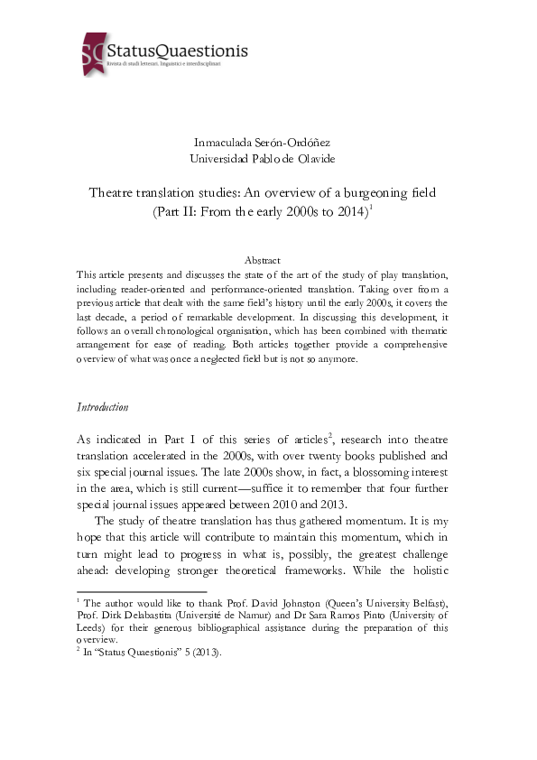 (PDF) Theatre translation studies: An overview of a burgeoning field ...