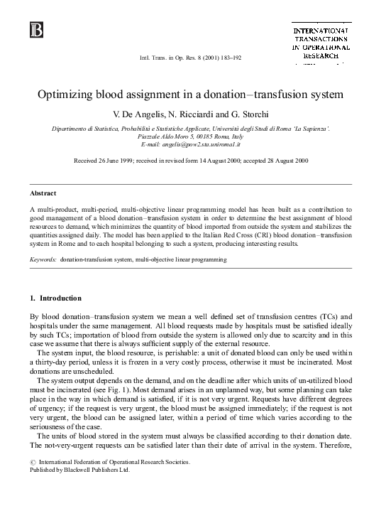 (PDF) Optimizing Blood Assignment in a Donation-Transfusion System