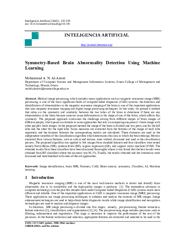 (PDF) Symmetry-Based Brain Abnormality Detection Using Machine Learning