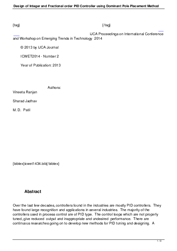 (PDF) Design of Integer and Fractional order PID Controller using Dominant Pole Placement Method