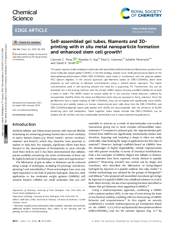 (PDF) Self-assembled gel tubes, filaments and 3D-printing with in situ ...