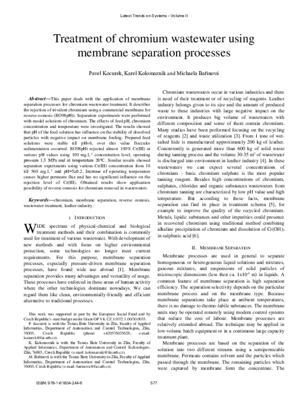 (PDF) Treatment of chromium wastewater using membrane separation processes