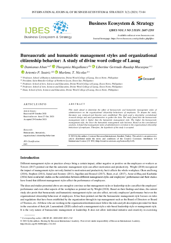 (PDF) Bureaucratic and humanistic management styles and organizational citizenship behavior