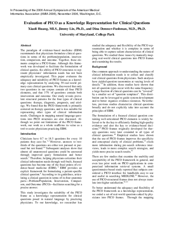(PDF) Evaluation of PICO as a knowledge representation for clinical ...