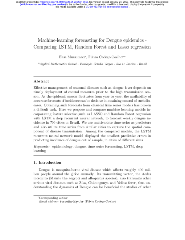 Pdf Machine Learning Forecasting For Dengue Epidemics Comparing Lstm Random Forest And