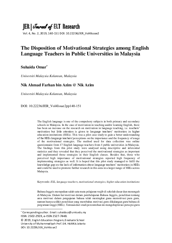 (PDF) The Disposition of Motivational Strategies among English Language ...