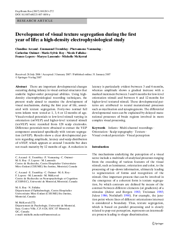 (PDF) Development of visual texture segregation during the first year of life: a high-density ...