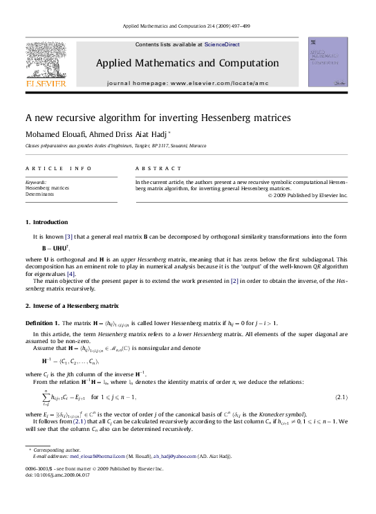 Pdf A New Recursive Algorithm For Inverting Hessenberg Matrices